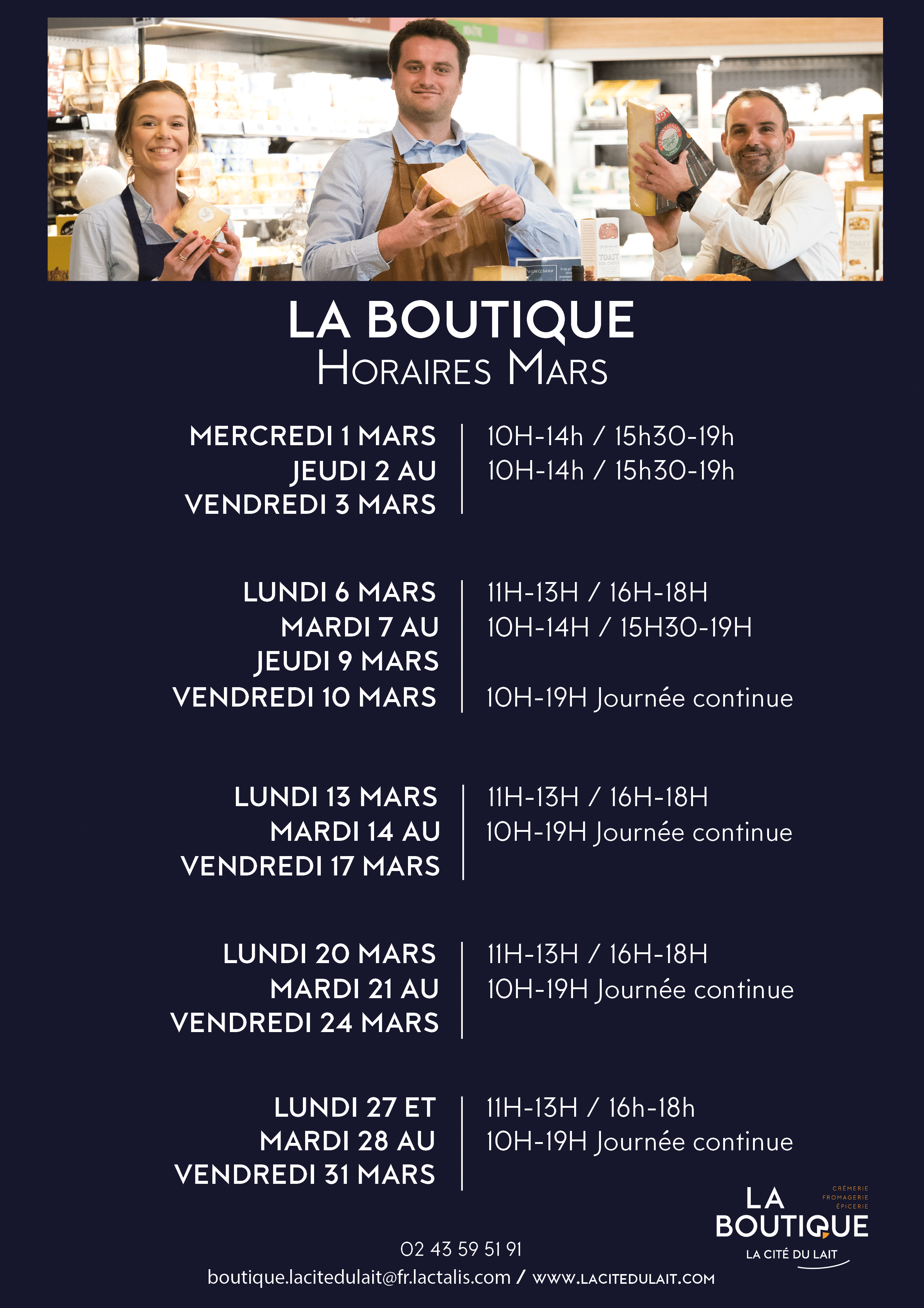 Horaires mars | La Cité du Lait